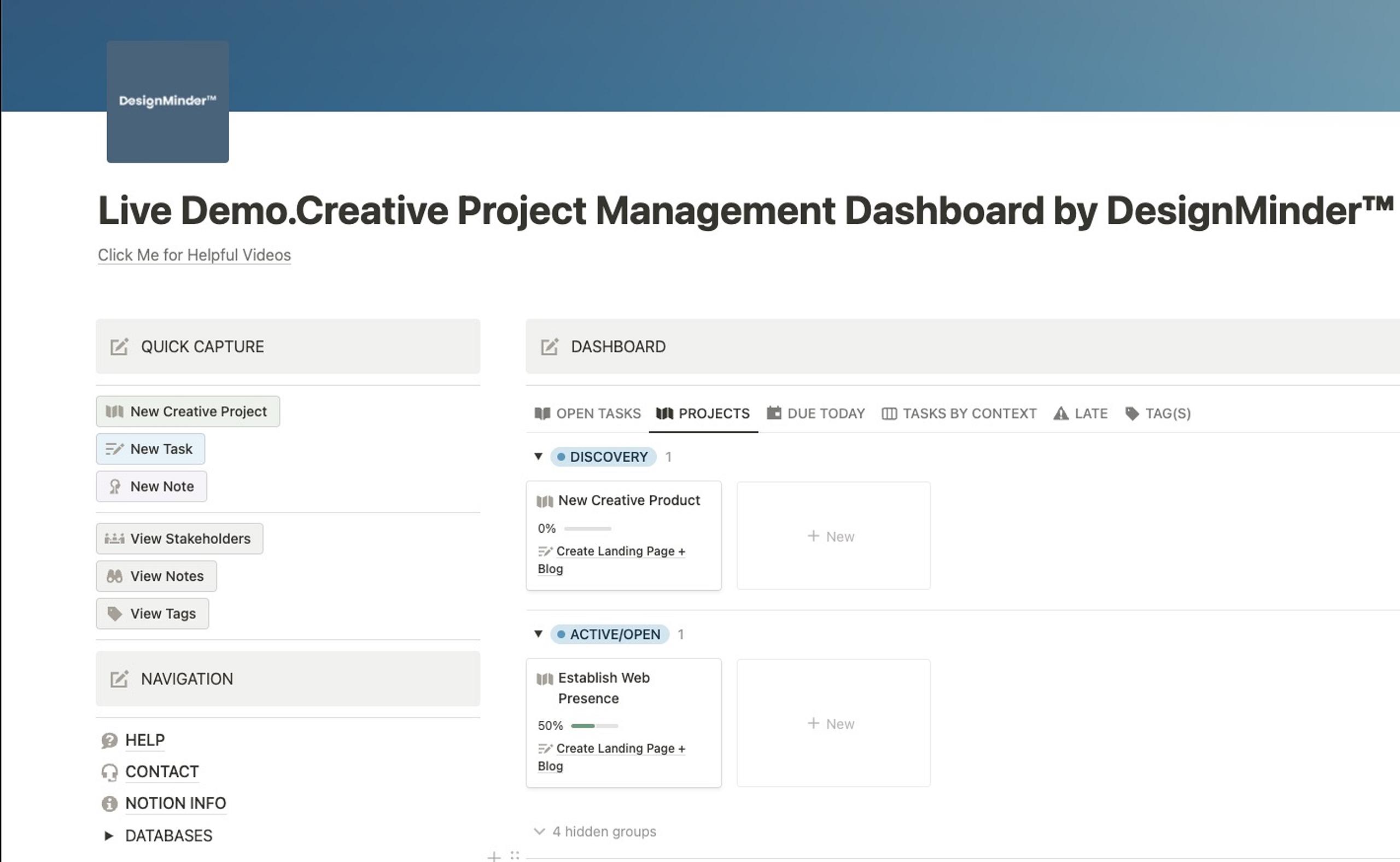 Creative Project Management Notion Dashboard by DesignMinder™