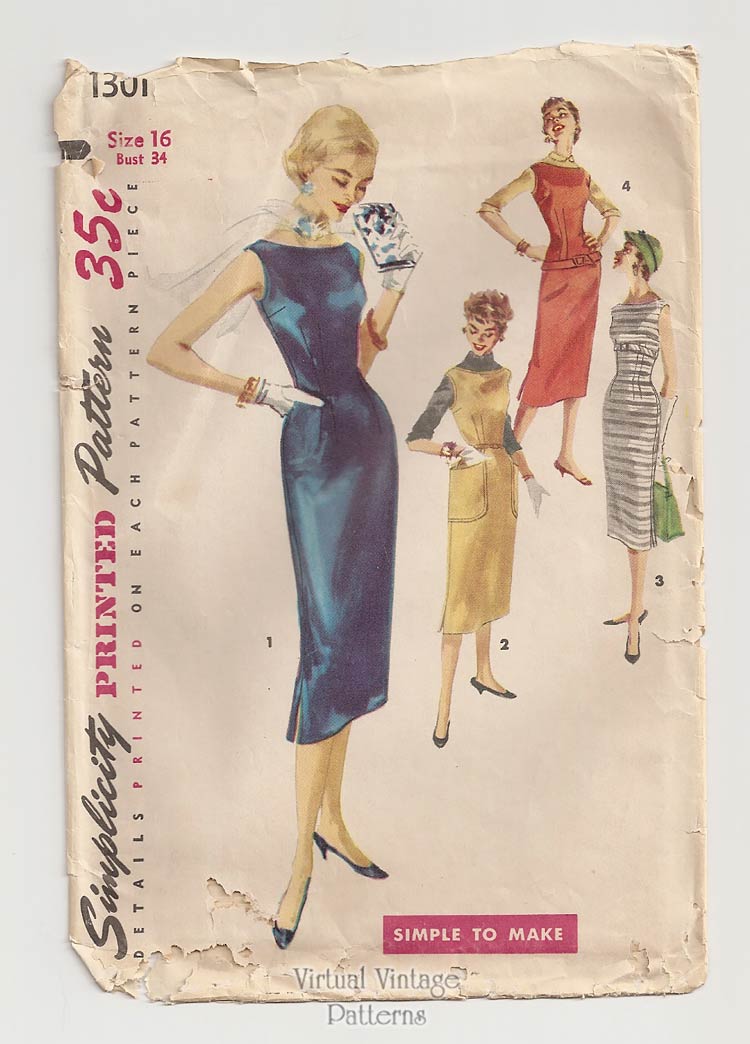 1950s Sleeveless Sheath Dress Pattern, Simplicity 1301 | Virtual Vintage
