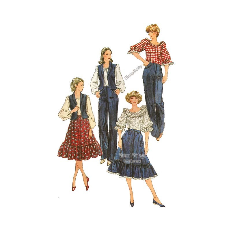 Womens Western Wear Pattern, Simplicity 5335, Blouse, Skirt, Pants, Vest