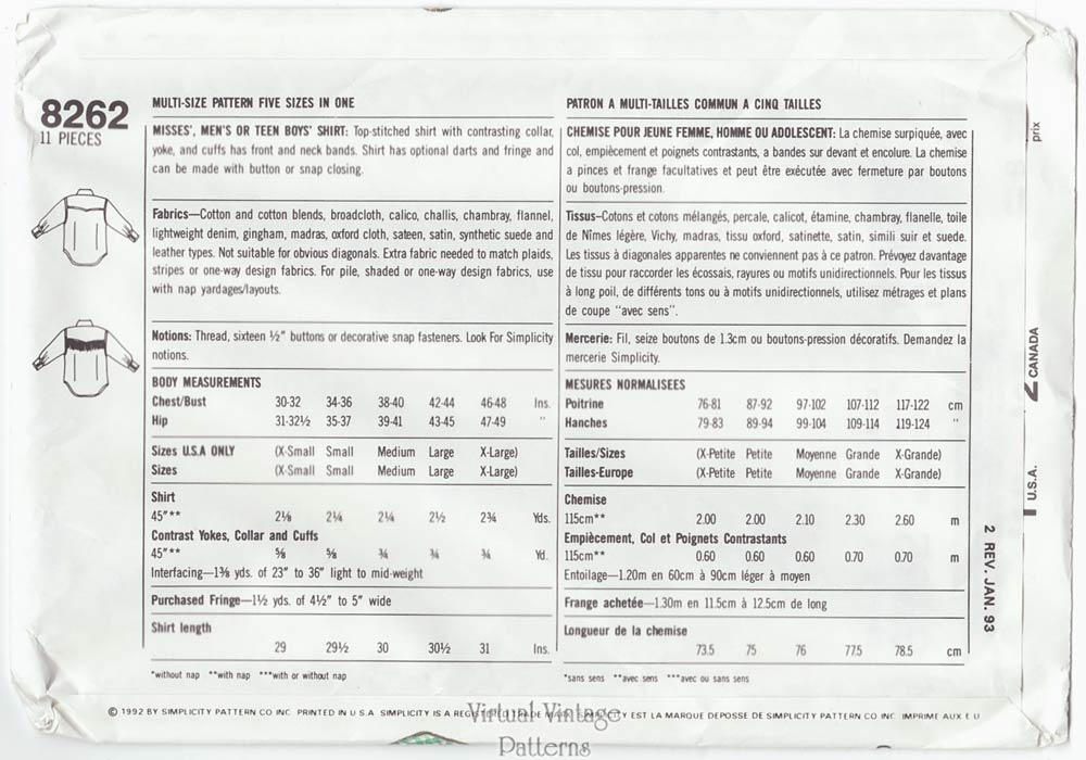 Mens or Womens Western Shirt Pattern, Simplicity 8262 | Virtual Vintage