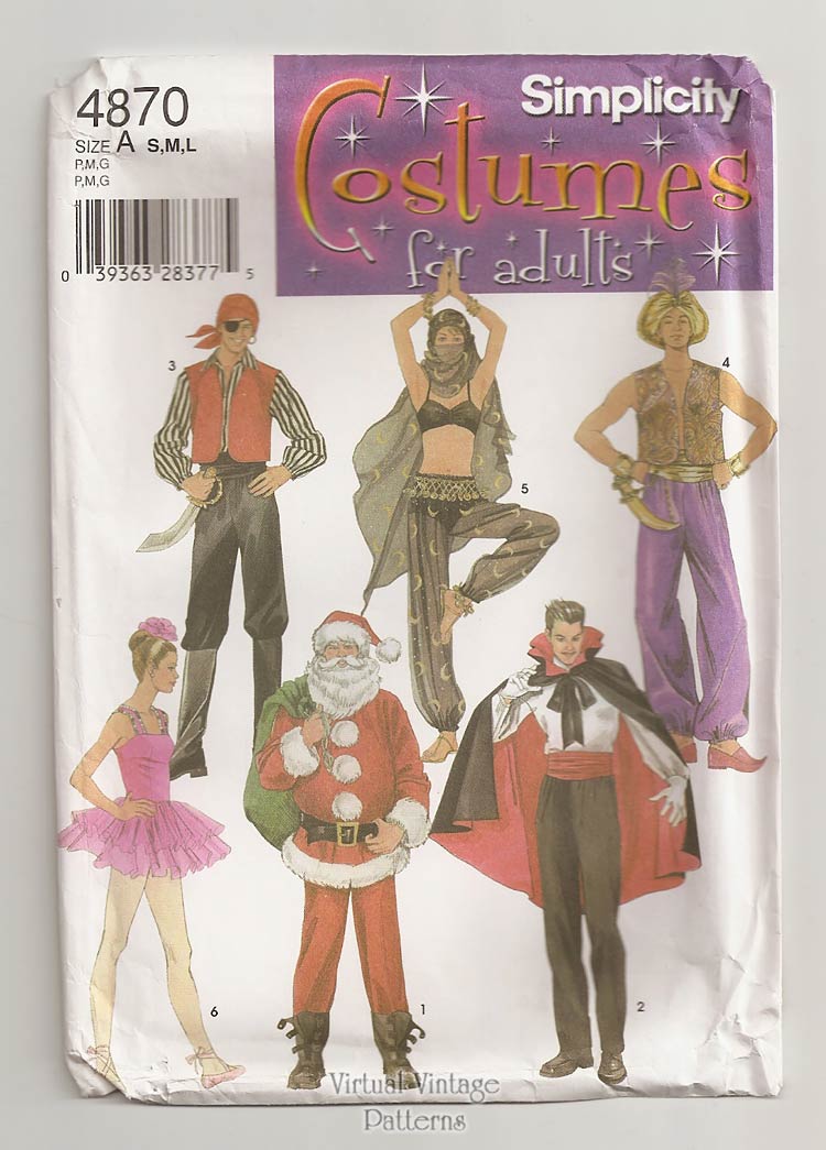 Adult Costume Patterns, Simplicity 4870, Vampire, Santa, Pirate, Belly ...