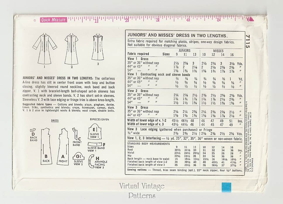 1960s A Line Mini Dress Sewing Pattern, Simplicity 7115