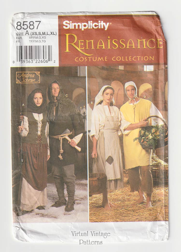 Renaissance Costume Patterns, Simplicity 8587, XS-XL, Uncut