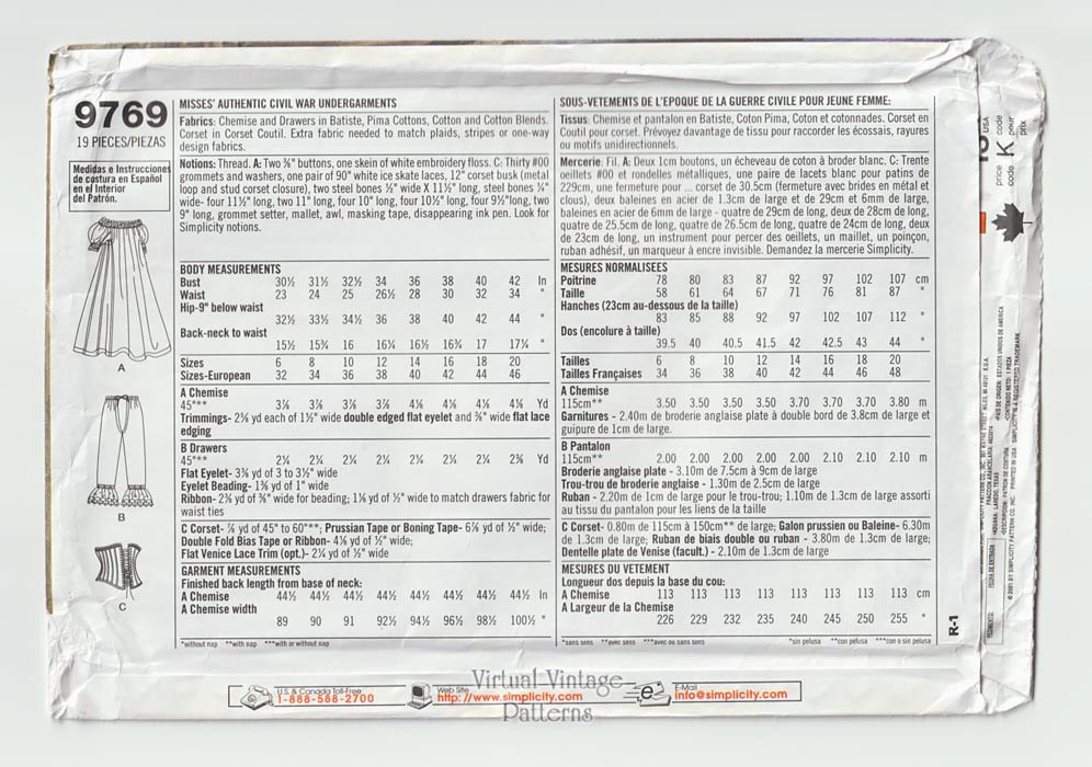 Civil War Undergarment Pattern, Simplicity 9769, 14-20