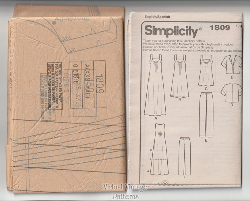 Simplicity 1809, Pullover Dress or Top, Jacket & Pants Pattern, XXS-XXL