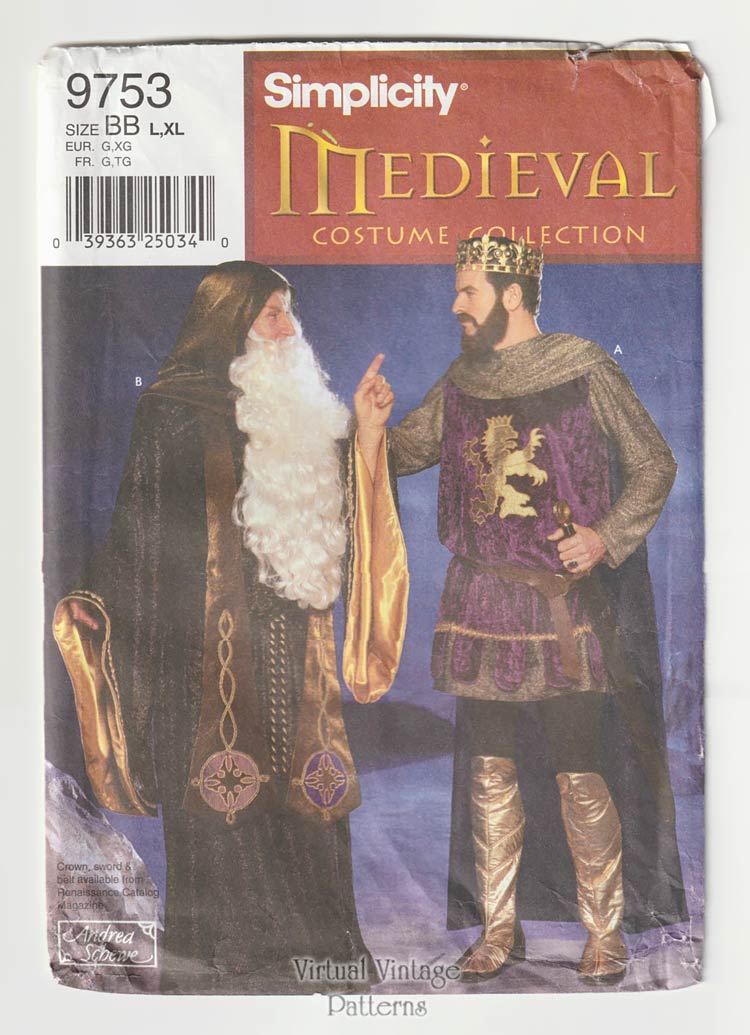 Mens Medieval Costume Pattern, Simplicity 9753, L XL