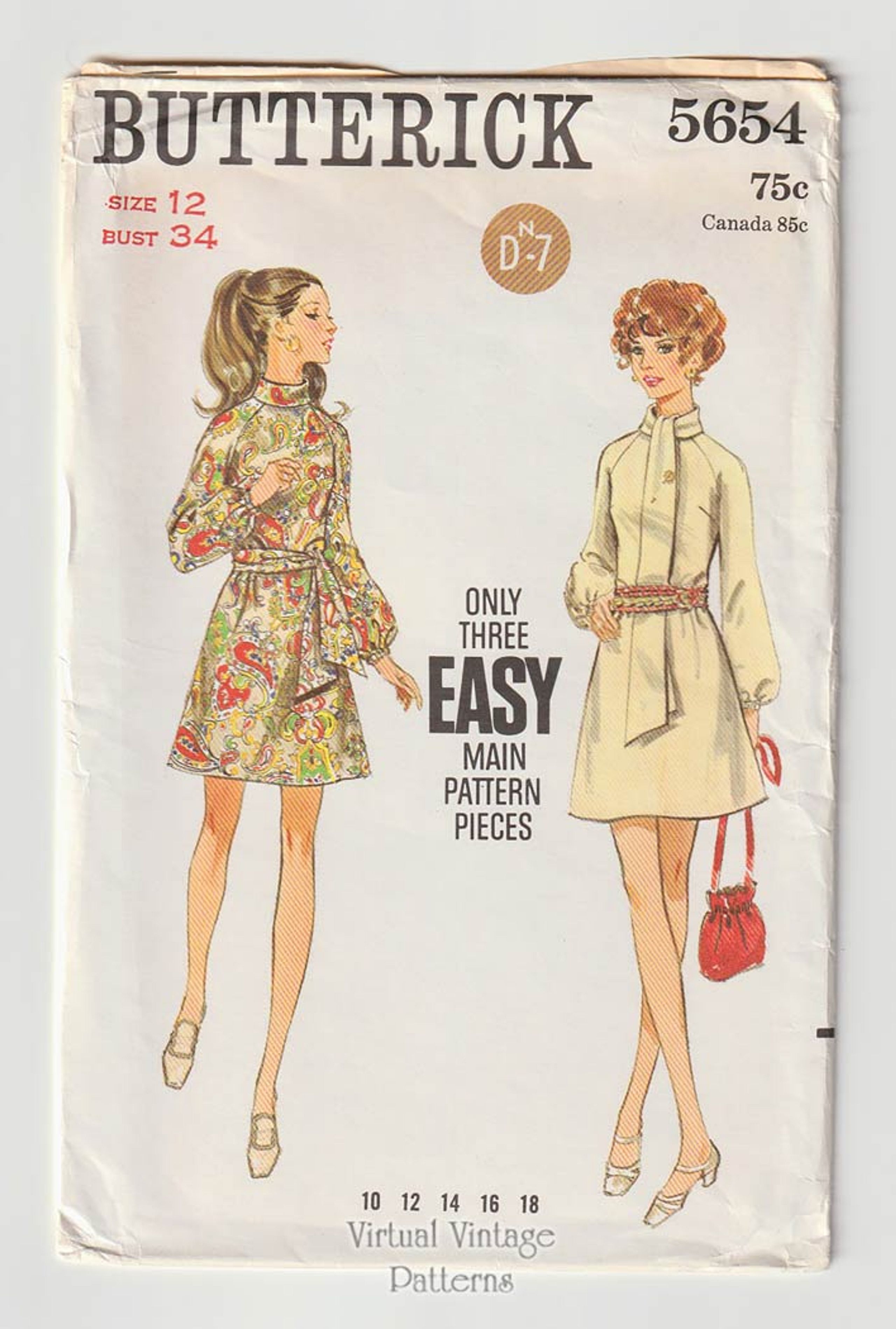 60s A-Line Mini Dress Pattern, Butterick 5654, Bust 34